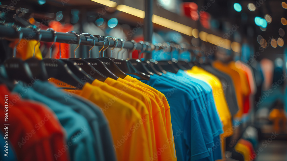 the variety of clothes hanging on the rack. The focus is on the ...