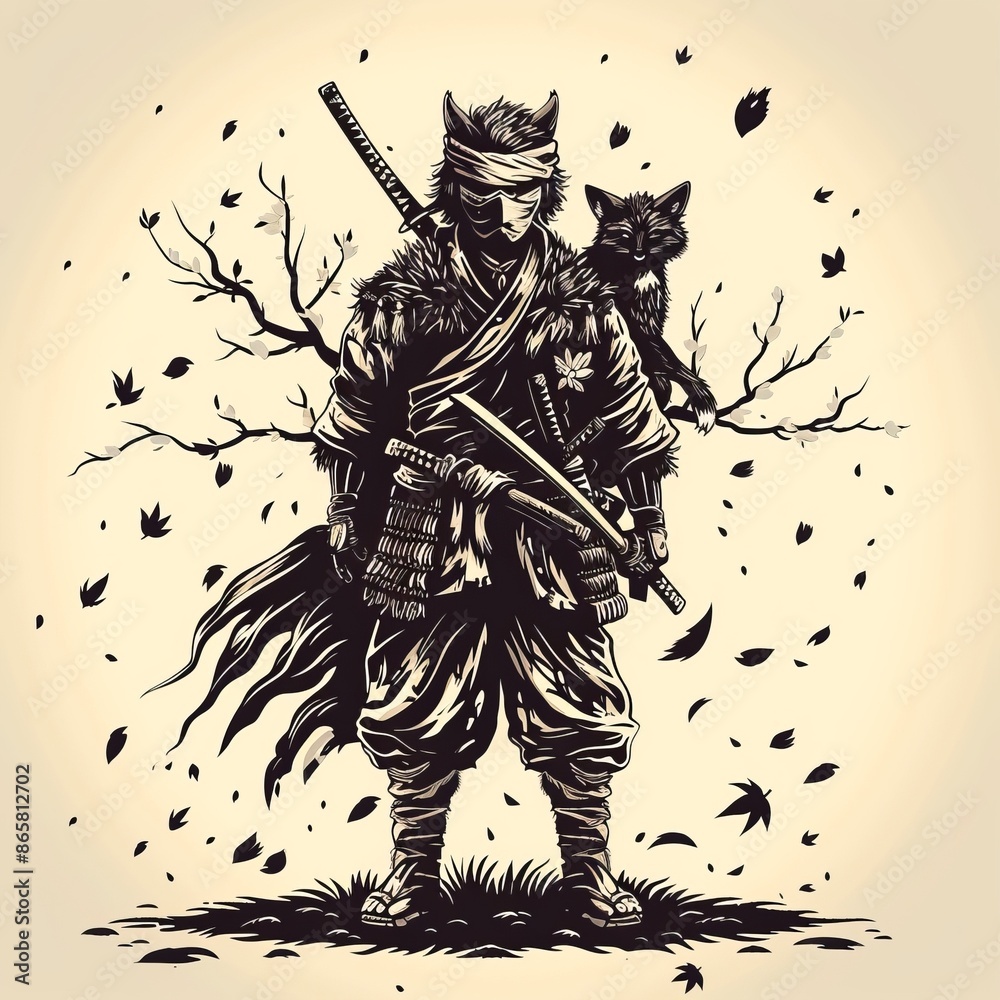 Samurai holding a small fox with a protective stance, surrounded by ...