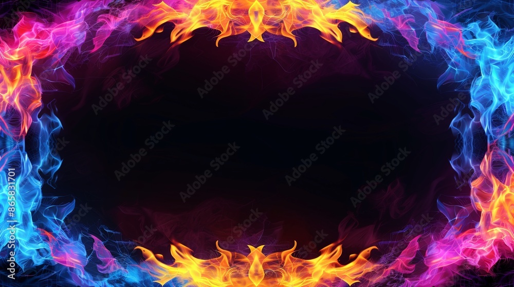 Pop art graphic design with flames forming a vibrant frame, featuring ...