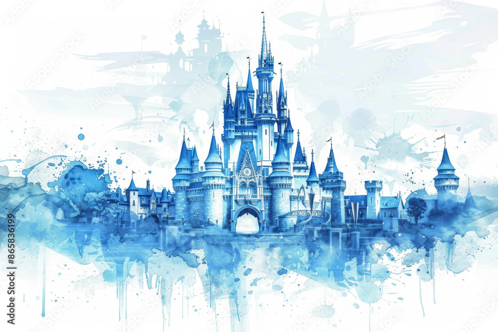 Watercolor Blue Fairy Tale Castle Illustration with White Background ...