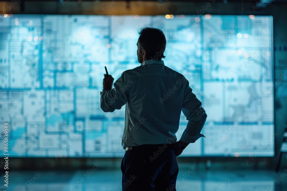 Business professional analyzing a large digital screen for data. Man ...