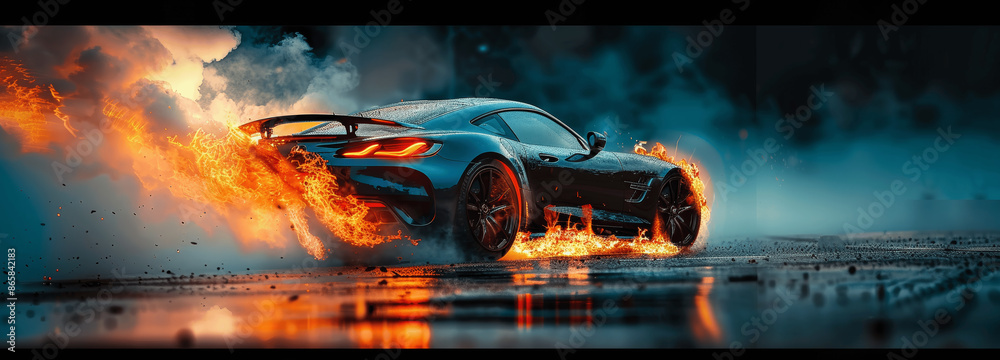 blue sports car with flames drifting on track with smoke high speed ...