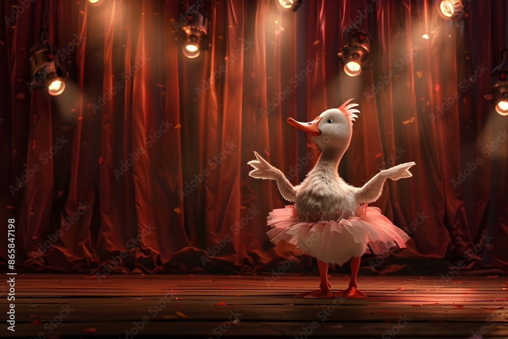A duck wearing a tutu and ballet shoes, performing an elegant ballet ...