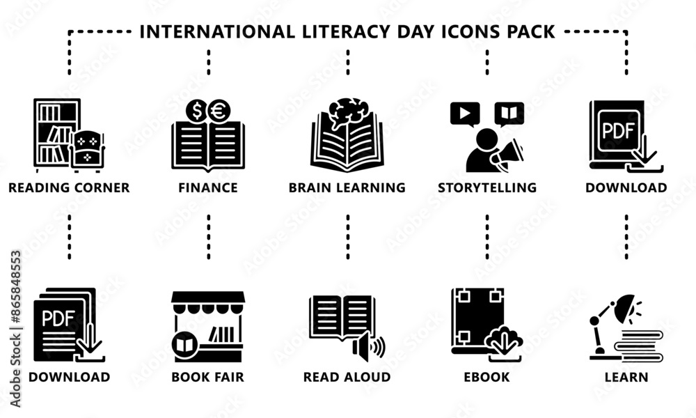 International Literacy Day black outline icons pack. contain book ...