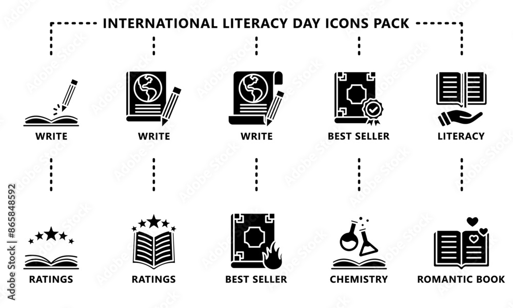 International Literacy Day black outline icons pack. contain book ...