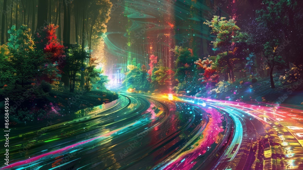 Data stream represented as a vibrant river of light flowing through a ...