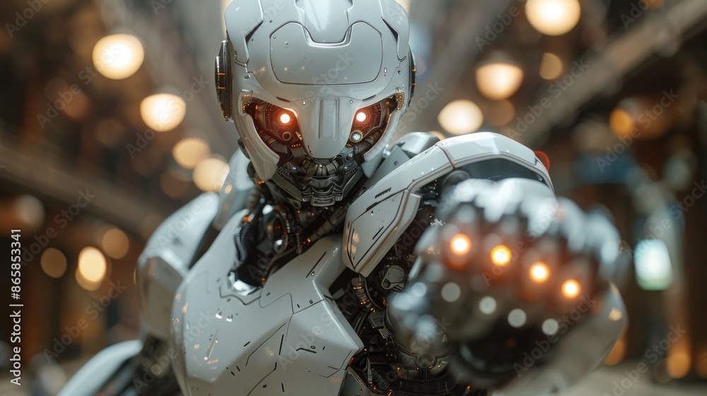 A robot kung fu master performing a series of rapid punches and kicks ...