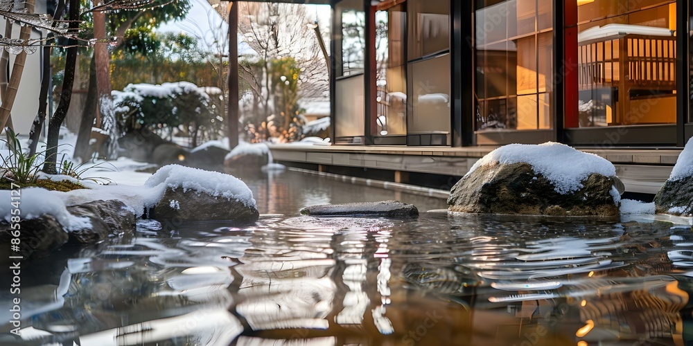Japanese onsen ryokan with classic modern design and garden in winter ...