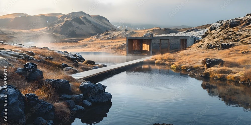 Modern spa retreat in geothermal landscape with hot springs waterfalls ...