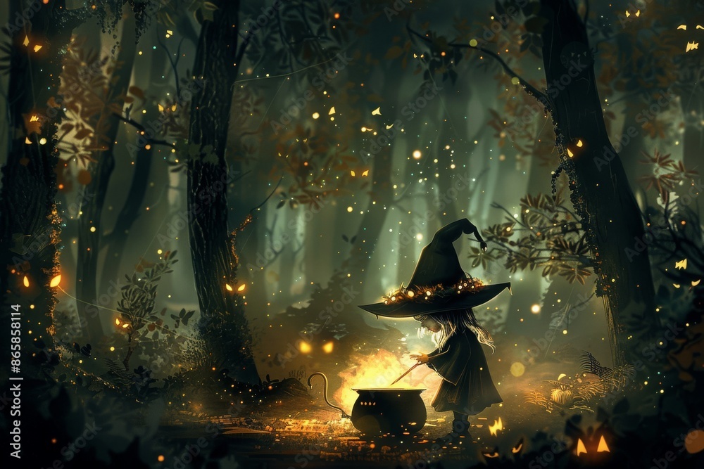 Young Witch Brewing Potion in Enchanted Forest at Night Stock ...