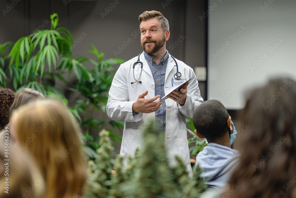 Doctor with stethoscope holding a clipboard, giving a lecture to ...