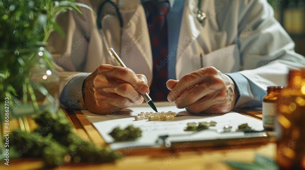 Doctor prescribing medical cannabis. Physician writing prescription for ...