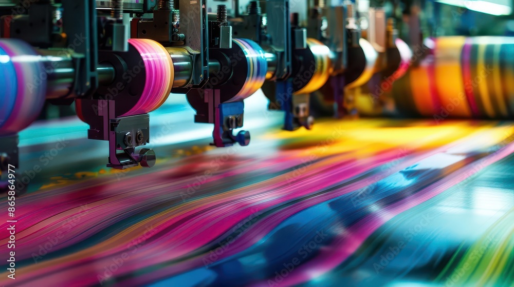 highspeed industrial printing press in action vibrant inks creating a ...