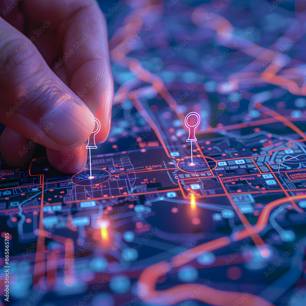 close up of a hand holding a needle on the map，Electronic map concept，A ...