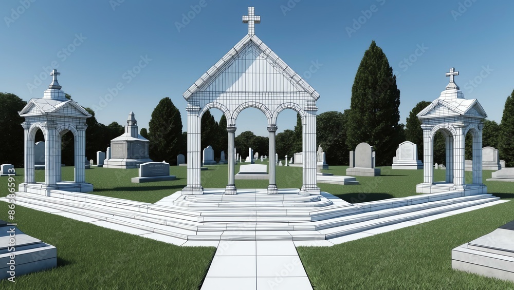 3d wireframe render of a cemetery architecture abstrac background Stock ...