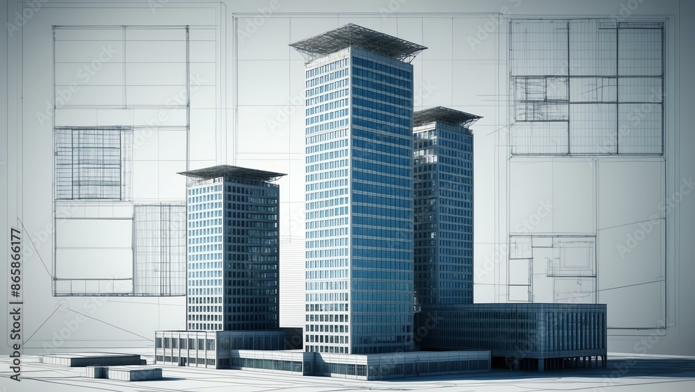 3d wireframe render of an office towers architecture a background Stock ...