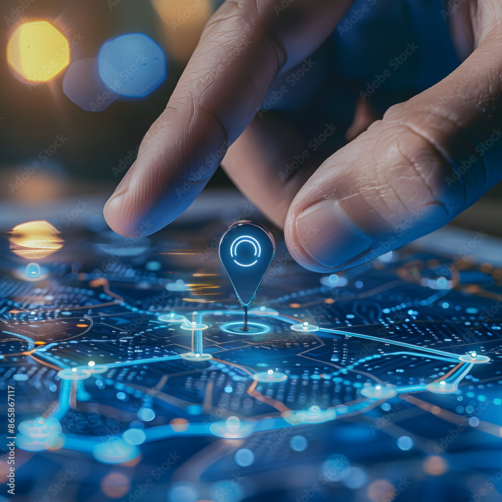 close up of a hand holding a needle on the map，Electronic map concept，A ...