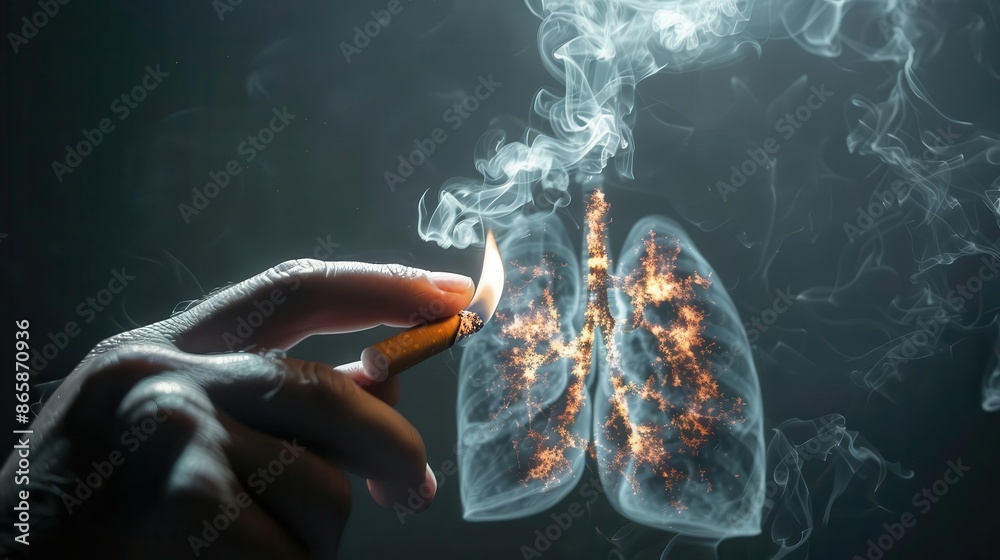ominous hand holding a lit cigarette juxtaposed against xray image of ...