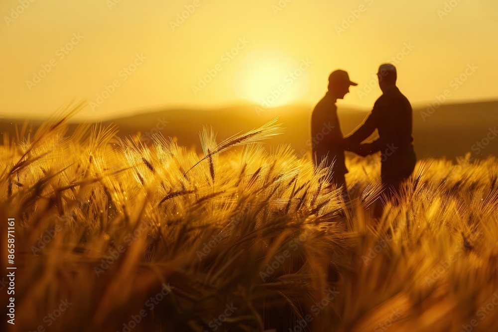 ethereal wheat field at golden hour with farmers silhouettes shaking ...