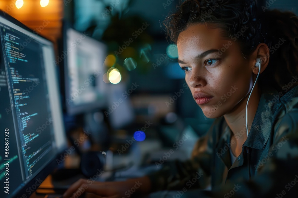 Foto de female programmer coding on laptop concentrated on professional ...