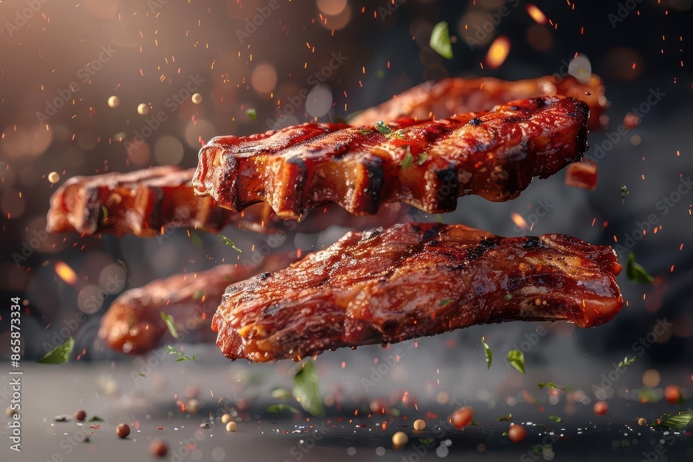 flying grilled pork chop steaks and brisket ultrarealistic 3d meat ...