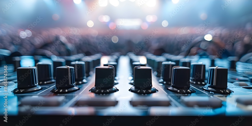 Sound engineers console on stage with blurred lights and people at ...