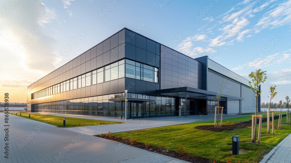 Exterior of a modern factory, futuristic look with sleek lines and ...