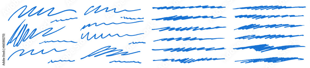 Blue pen scribble vector set. Thin brush stroke line collection. Blue ...