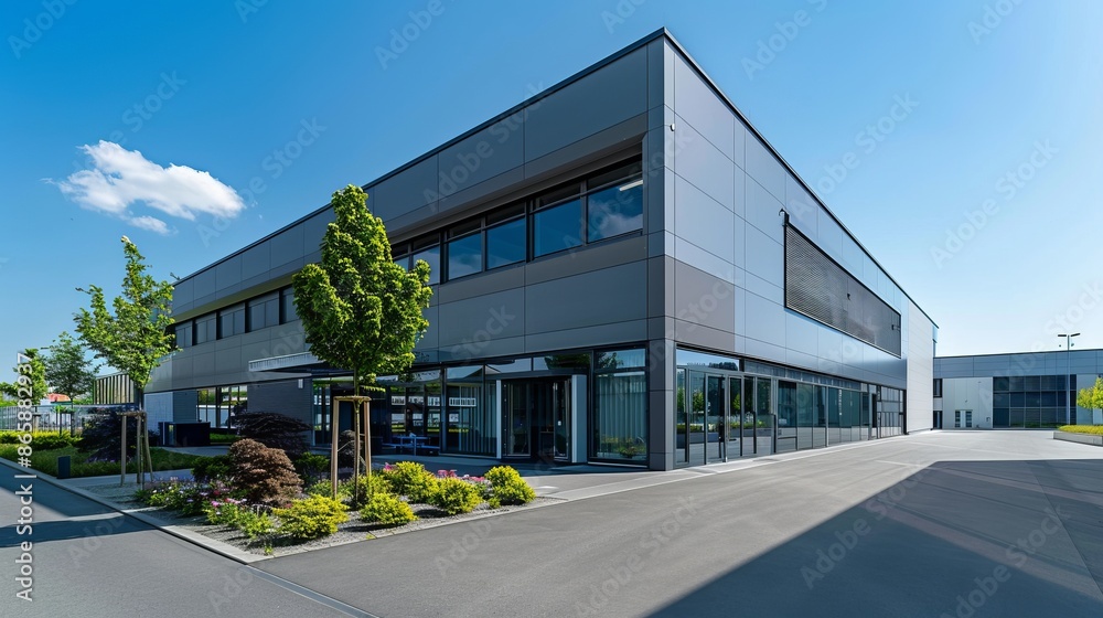 Exterior of a modern factory, industrial chic design with exposed steel ...