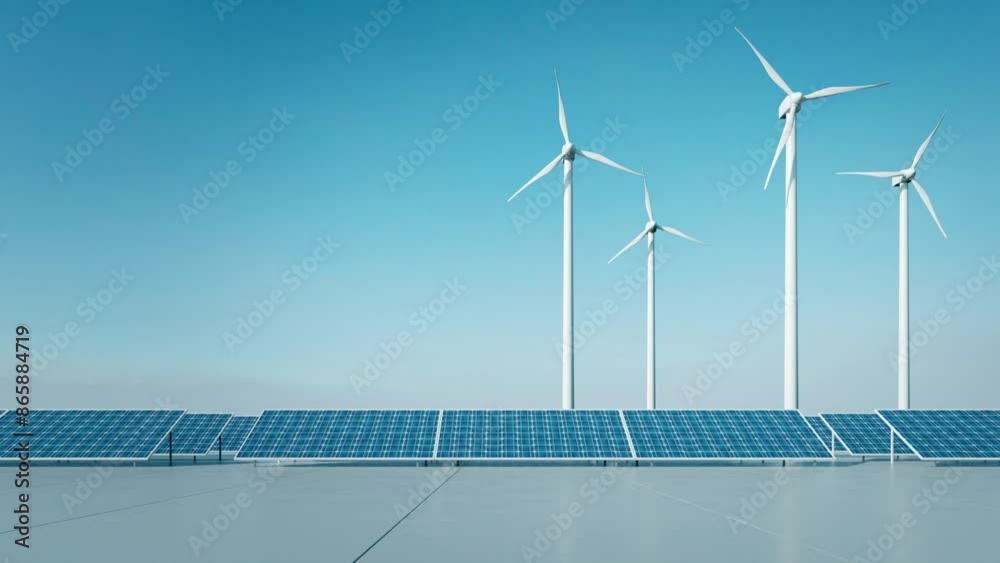 3d rendered of wind turbine and solar panels, renewable sustainable ...