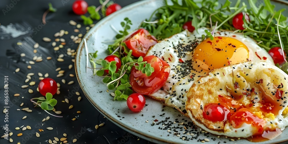 Elegant breakfast plate with fried eggs fruits and seeds for a balanced ...