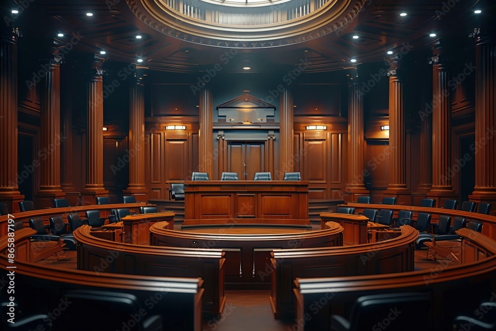 Elegant courtroom with wooden decor, empty judge bench, and seating ...