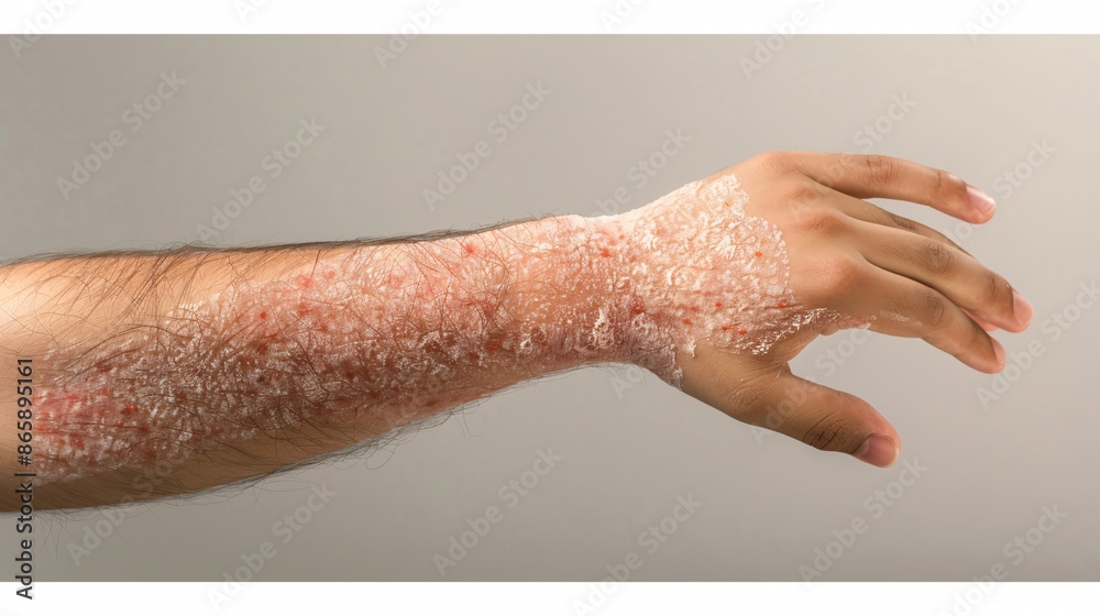 Detailed photograph of a person is arm with a severe rash, showing the ...