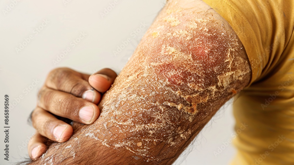 Detailed photograph of a person is arm with a severe rash, showing the ...