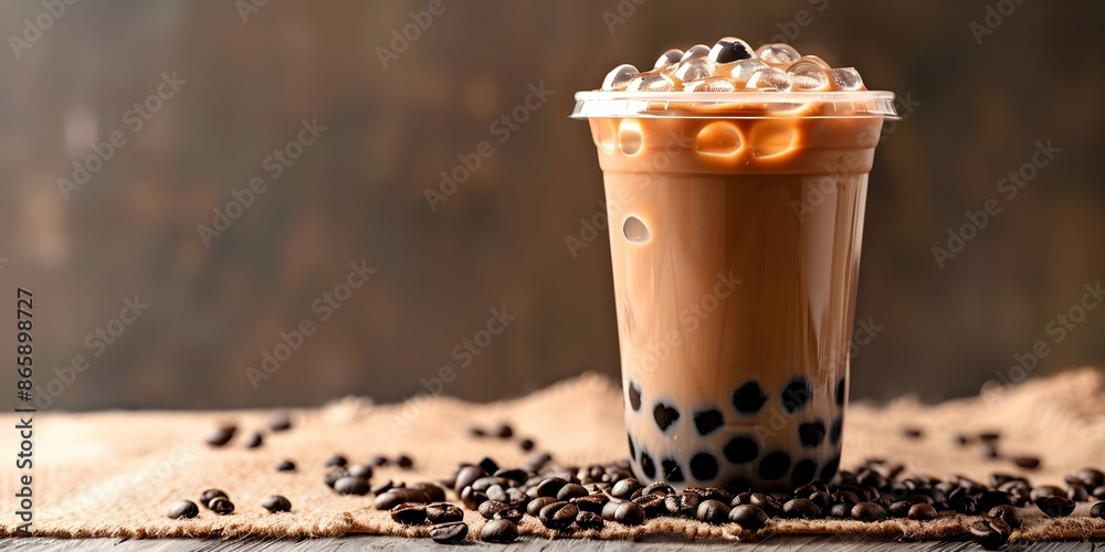 Bubble tea with boba pearls in a plastic cup topped with coffee beans ...