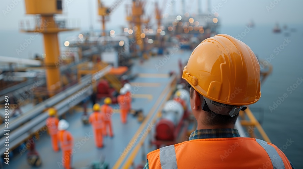 Oil rig worker observing operations. Oil rig worker in safety gear ...