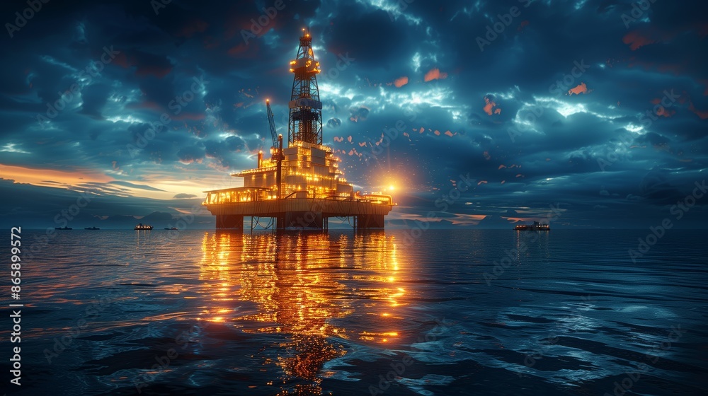 Illuminated offshore oil rig at night. Offshore oil rig brightly ...