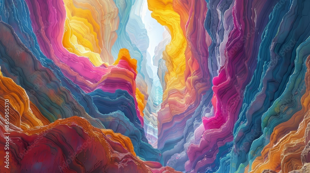 Psychedelic canyon landscape with vibrant colors and surreal patterns ...