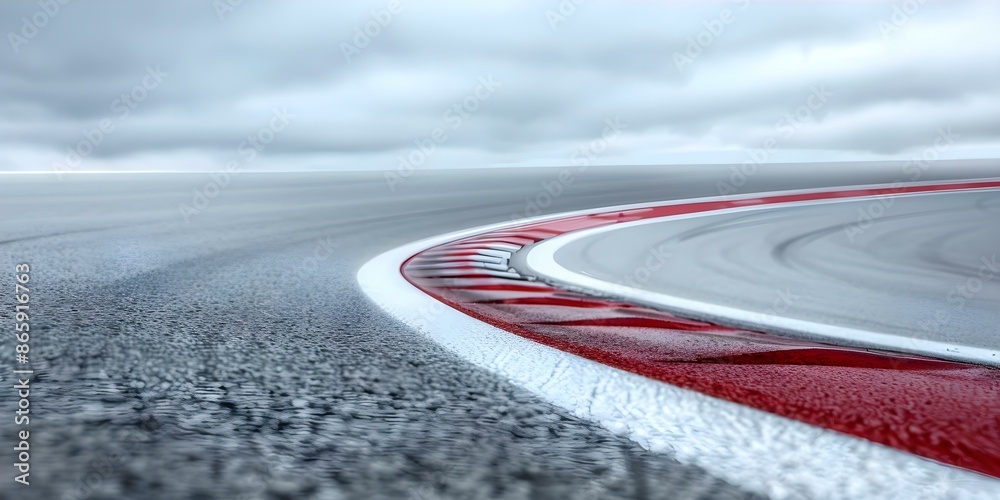 Curved racetrack section featuring red and white curb under an overcast ...