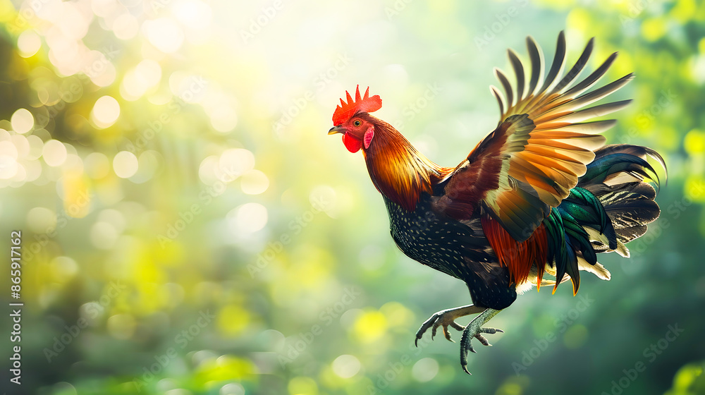 Majestic rooster spreads its wings and takes flight against a blurred ...