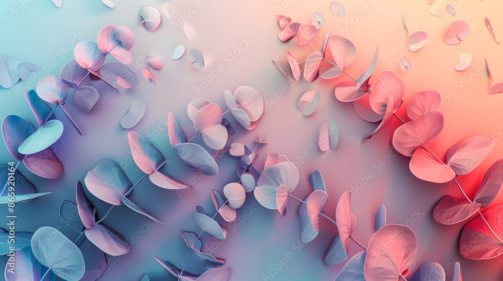 3D minimalist eucalyptus leaves arrangement, split complementary colors ...