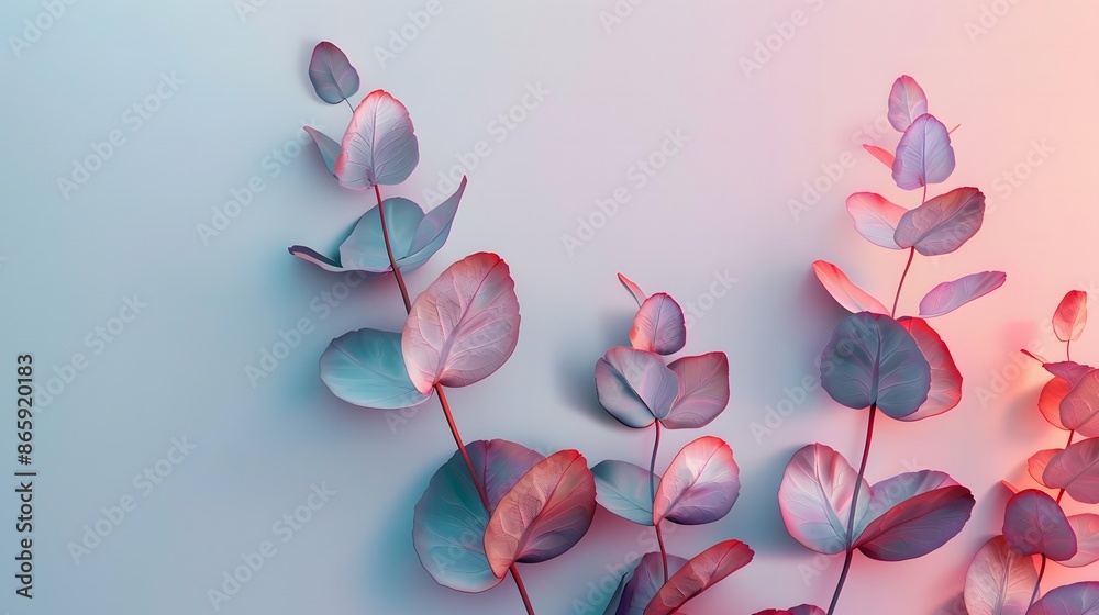 3D minimalist eucalyptus leaves arrangement, split complementary colors ...