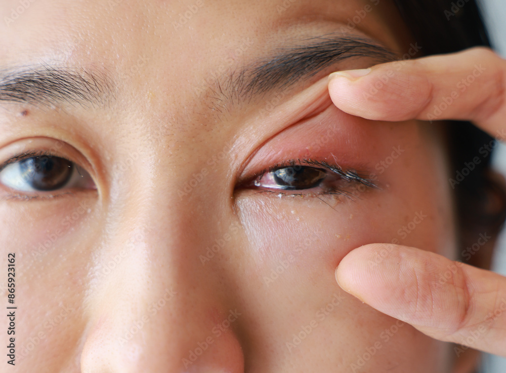 Woman's eyes become inflamed after rubbing her eyes violently. Insects ...