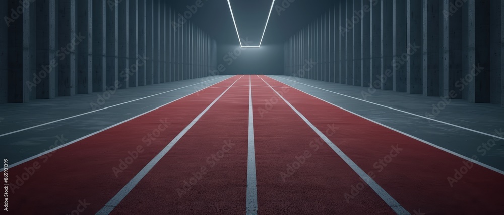 Indoor track racing lane in a dimly lit, modern sports facility ...