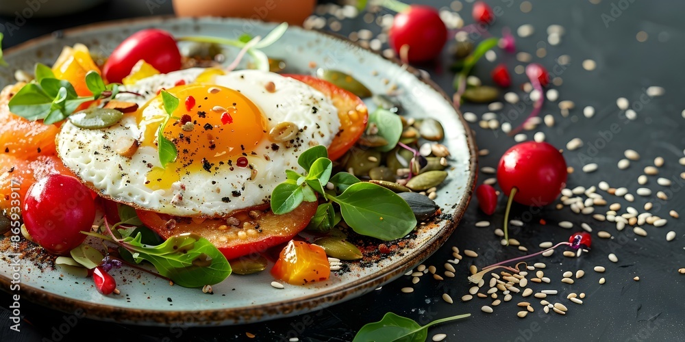 Balanced Meal An Elegant Breakfast Plate with Fried Eggs, Fruits, and ...