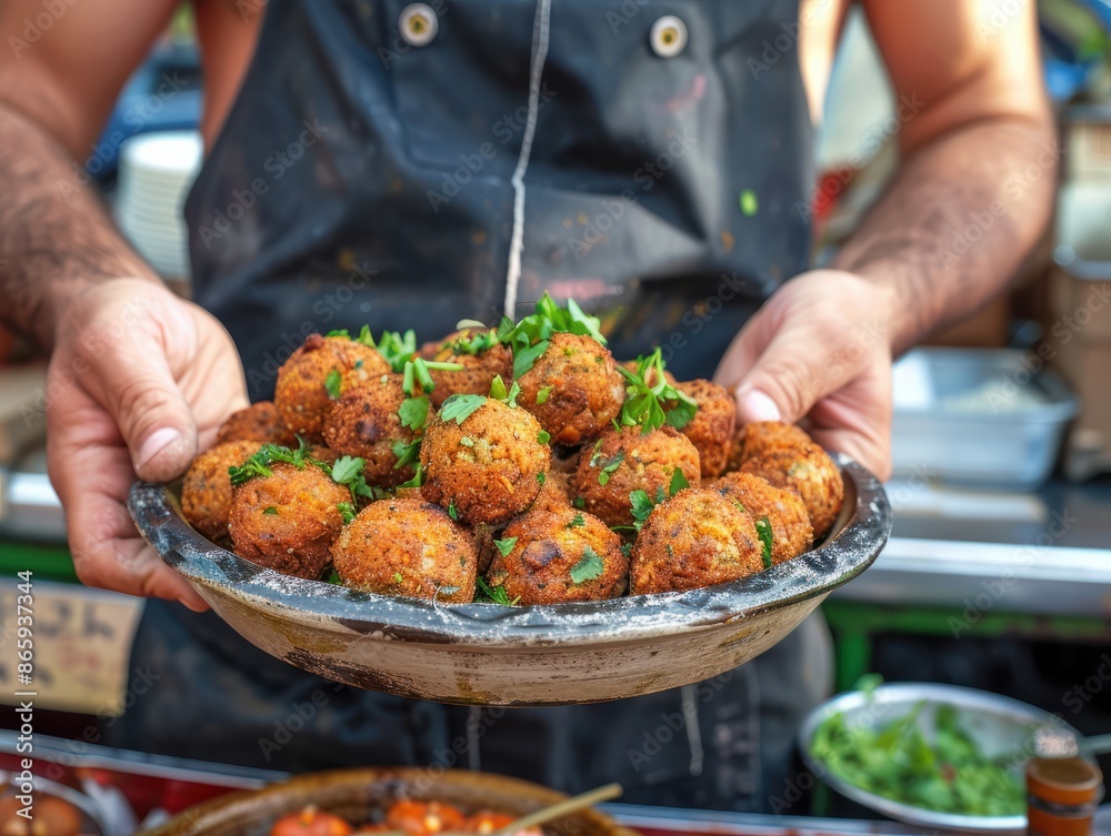 Man enjoying a tasty, traditional, vegetarian meal: falafel on a unique ...