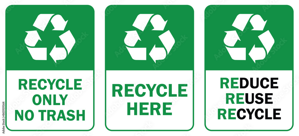 reduce, reuse, recycle, no trash symbol green and white sign set ...
