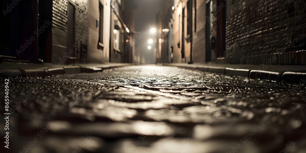 Desolate nighttime alley in old city with empty houses and faint ...