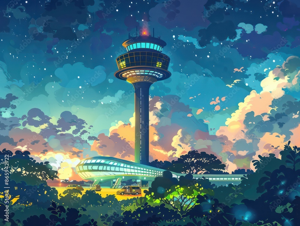 An illustration of the Changi Airport control tower, highlighting its ...
