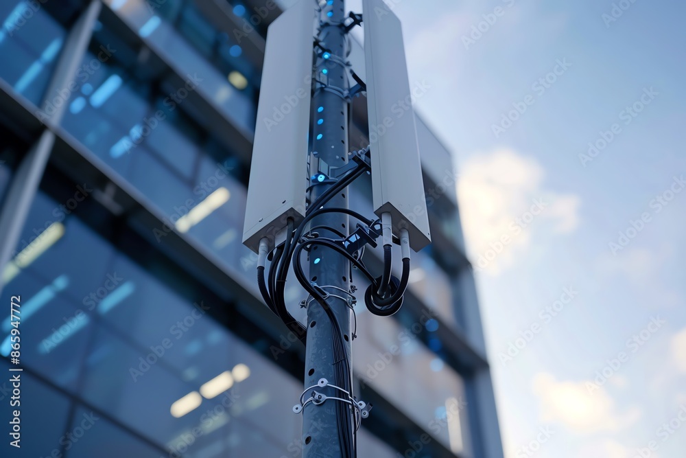 Modern telecommunications antenna with sky and office building ...